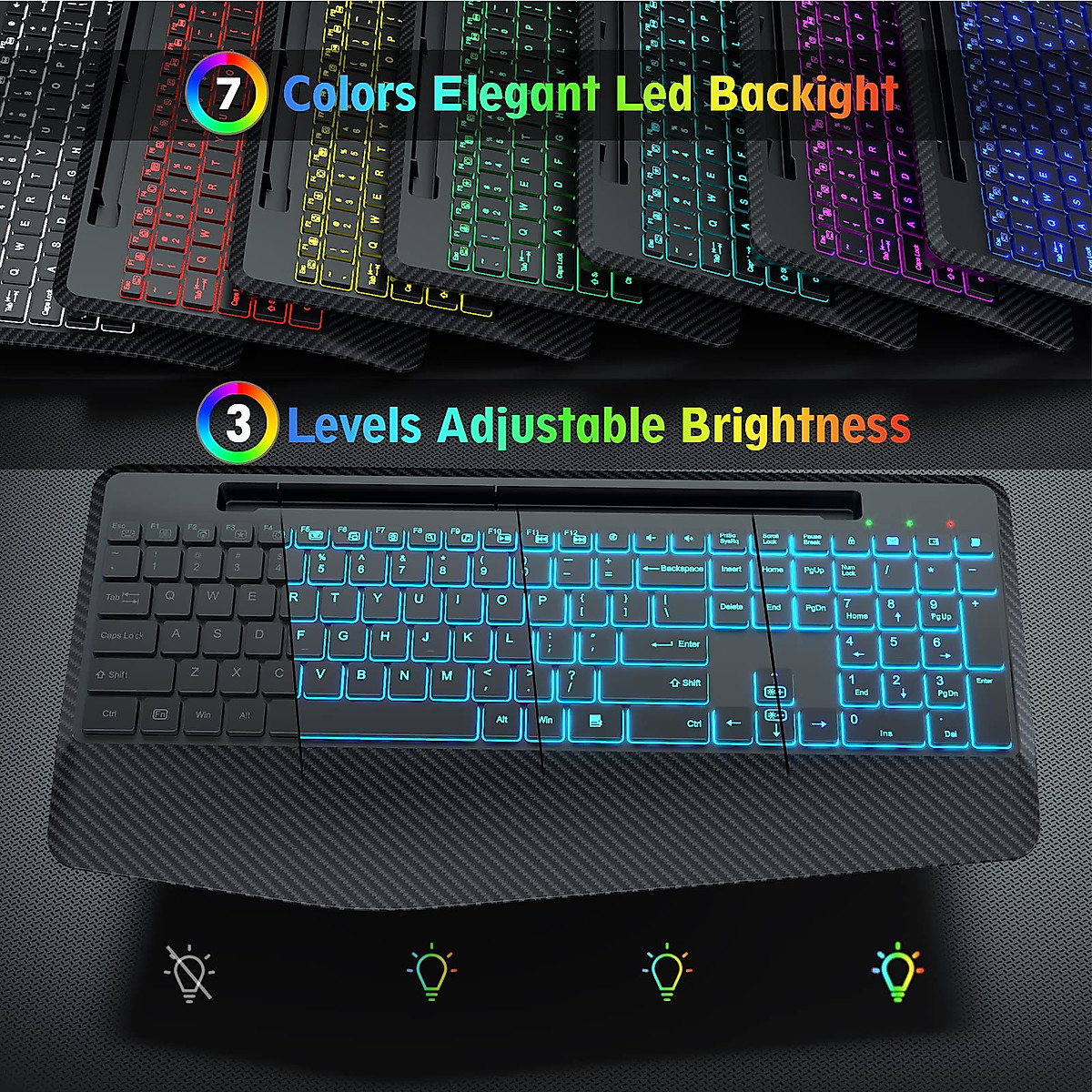 SABLUTE Wireless Keyboard with 7 Colored Backlits, Wrist Rest, 2.4G Computer Gaming Keyboard with Phone Holder, Rechargeable Full Size Ergonomic Keyboard with Silent Keys for MacBook, PC, Laptop