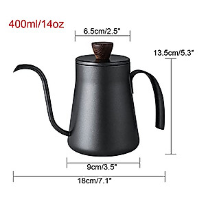 CA Mode 14oz Mini Gooseneck Spout Kettle Make Pour-Over Coffee Kettles Small Teapot Stainless Steel Black Long Narrow Hand Drip Tea Pot Hanging Ear with Anti-Scalding Cover