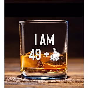 QPTADesignGift I Am 49 + Middle Finger Whiskey Glass - Whiskey Glass Etched - 50Th Birthday - Funny Birthday Turning 50Th - Fathers Day Glass - Funny 50Th Birthday