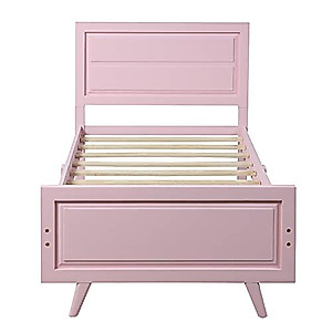 MWrouqfur Twin Size Wood Platform Bed Frame for Kids,Bed Frame Mattress Foundation with Headboard and Wood Slat Support for Girls Boys (Pink)