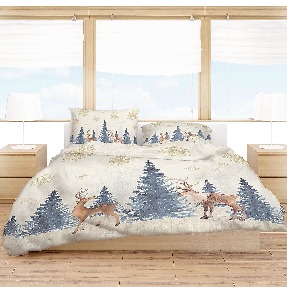 Christmas Elk Duvet Cover Set 3 Pieces with Zipper Closure, Navy Blue Ombre Xmas Tree Bedding Sets 1 Duvet Cover & 2 Pillow Cases, Deer Winter Snowflake Comforter Cover Set Duvet Cover California King