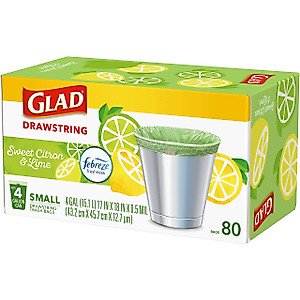 Glad Small Kitchen Drawstring Trash Bags – 4 Gallon Green Trash Bag Febreze , Sweet Citron & Lime, 80 Count (Package May Vary)