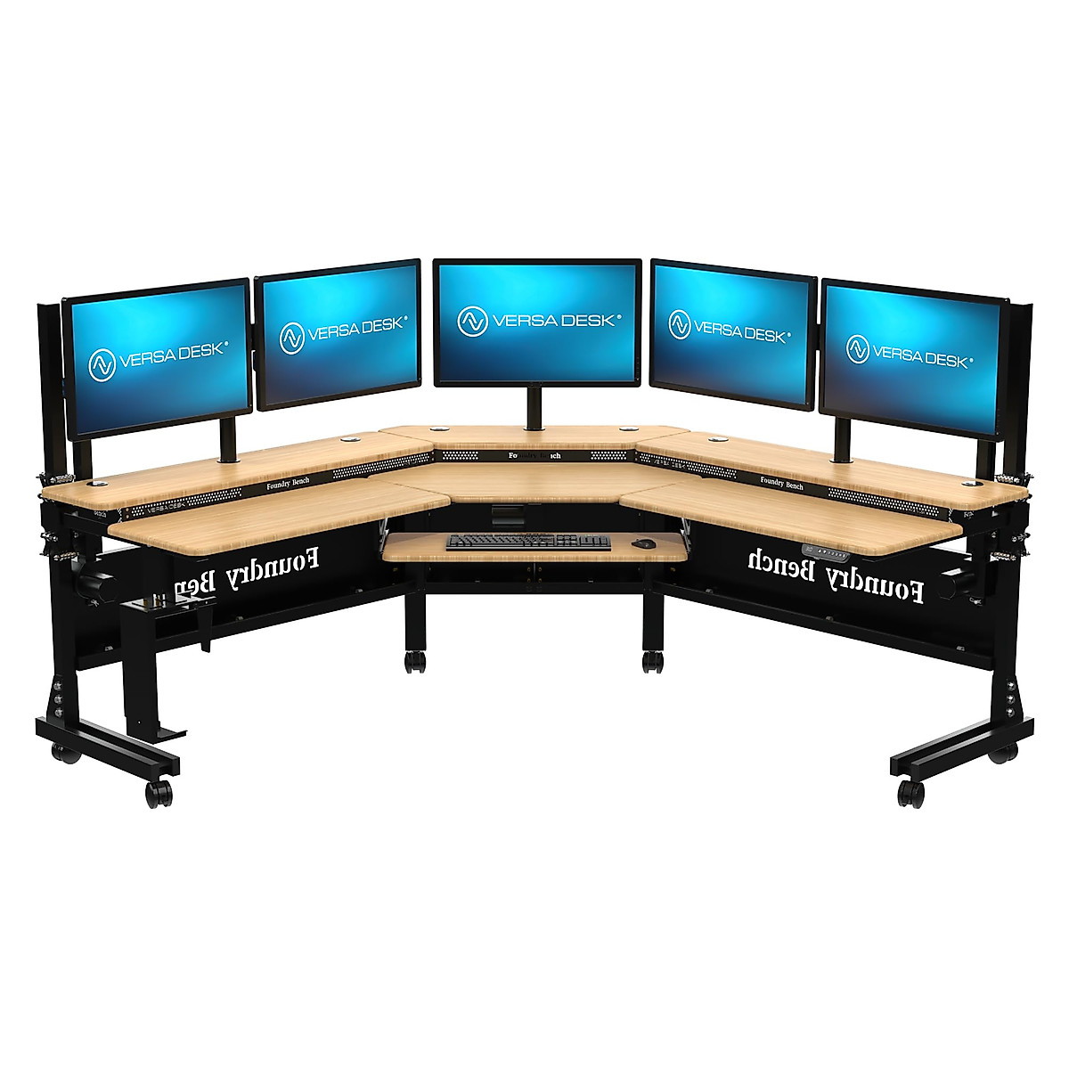 VERSADESK® Foundry Bench 80" x 80" Extra Wide L-Shaped Split-Level Corner Standing Desk | Electric Height Adjustable. 1" Bamboo Surface. USB & USBC Charging Ports. Mobile App Controllable.