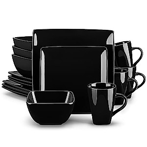 vancasso, Series SOHO, Stoneware Square Dinner Set Black 16 Piece Kitchen Dinnerware Service Plate Crockery Set with 16-Piece Dinner Plates, Dessert Plate,Bowls and Mugs, Service for 4