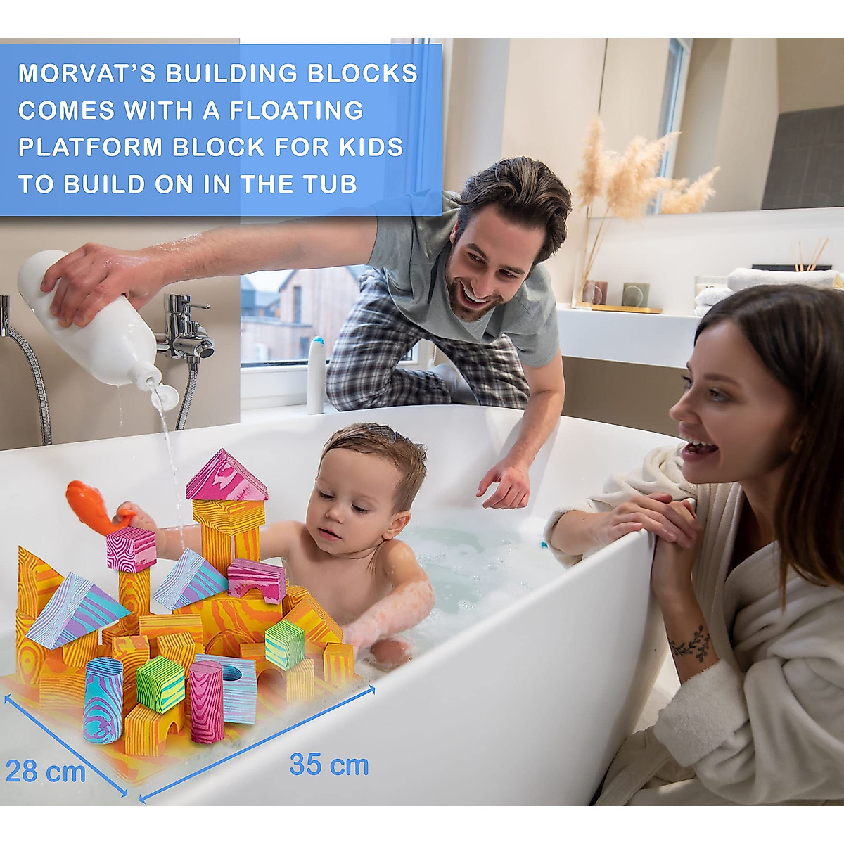 Morvat 60 Piece Colorful Soft EVA Foam Building Blocks Set, Waterproof Play Toy for Children Babies Toddlers & Kids, Boys & Girls Gift, Non Toxic & BPA Free, Bath Tub Platform, Carry & Dry Bag
