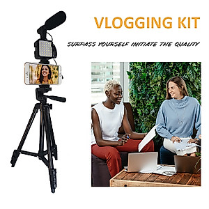 Smartphone Video Kit, Vlogging Kit, Youtuber Kit, with Microphone Light Tripod 50" Extendable Phone Clip Remote Control Compatible with iPhone/Smartphone/Cameras