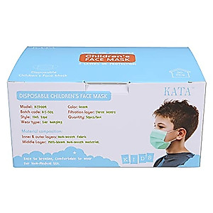 KATA 3-Ply Pleated Disposable Children's Face Masks, One Size, Green, Box Of 50 Masks