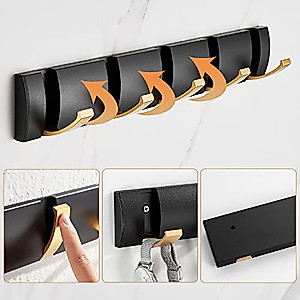 DMYMAT Coat Rack Wall Mounted with 5 Folding Hooks, 15.8 Inch Space Saving Wall Coat Hook, Black Gold Towel Hooks for Bathroom, Bedroom, Entryway, Hats, Scarves, Umbrella and Keys