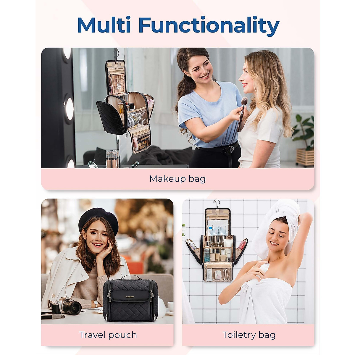 BAGSMART Makeup Bag for Women with Hanging Hook - Portable Cosmetic Case, Large Capacity Door Room Essentials Travel Organizer for Full Sized Cosmetics and Toiletries, Black