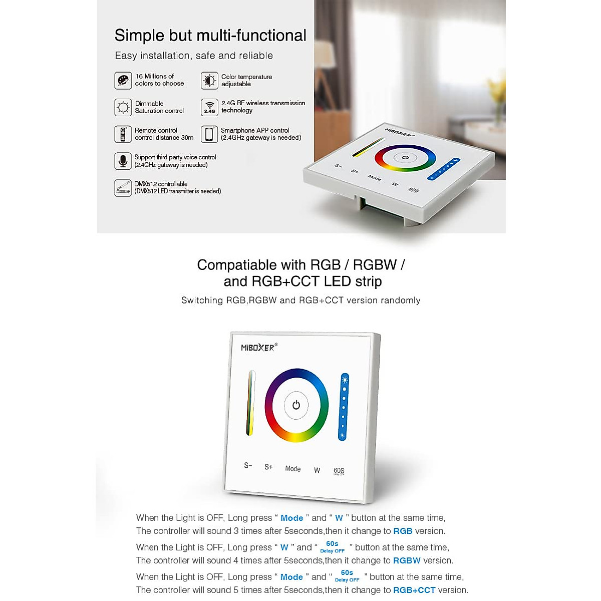 LGIDTECH P3 Miboxer Wall-Mounted Full Touch Panel Controller for 3528 5050 2835 RGB RGBW RGB+CCT Dimmable Color Changing LED Strip Lighting DC 12-24V 10A 120W 240W.Support Voice and DMX512 Control