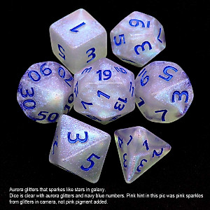 Haxtec DND Dice Iridescent Glitter Blue Numbers Polyhedral D&D Dice for RPGs-Milky Way