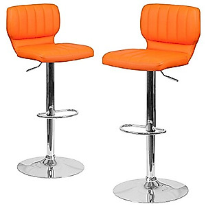 KLS Modern Barstools Adjustable Hydraulic 360 Degree Swivel Stable Steel Frame Padded Vinyl Cushion Low Back Seat Design Dining Chair Pub Stool - Set of 2 Orange # 1969