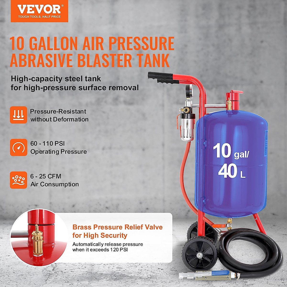 VEVOR Sand Blaster, 10 Gallon Pot Sandblaster, 60-110 PSI Pressure Sand Blasting Kit with 4 Ceramic Nozzles & 8ft Hose, Ideal for Paint, Stain, Rust Removal