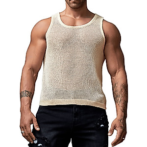 Verdusa Men's Casual Sleeveless Round Neck Sheer Knitted Tank Muscle Top Beige XL