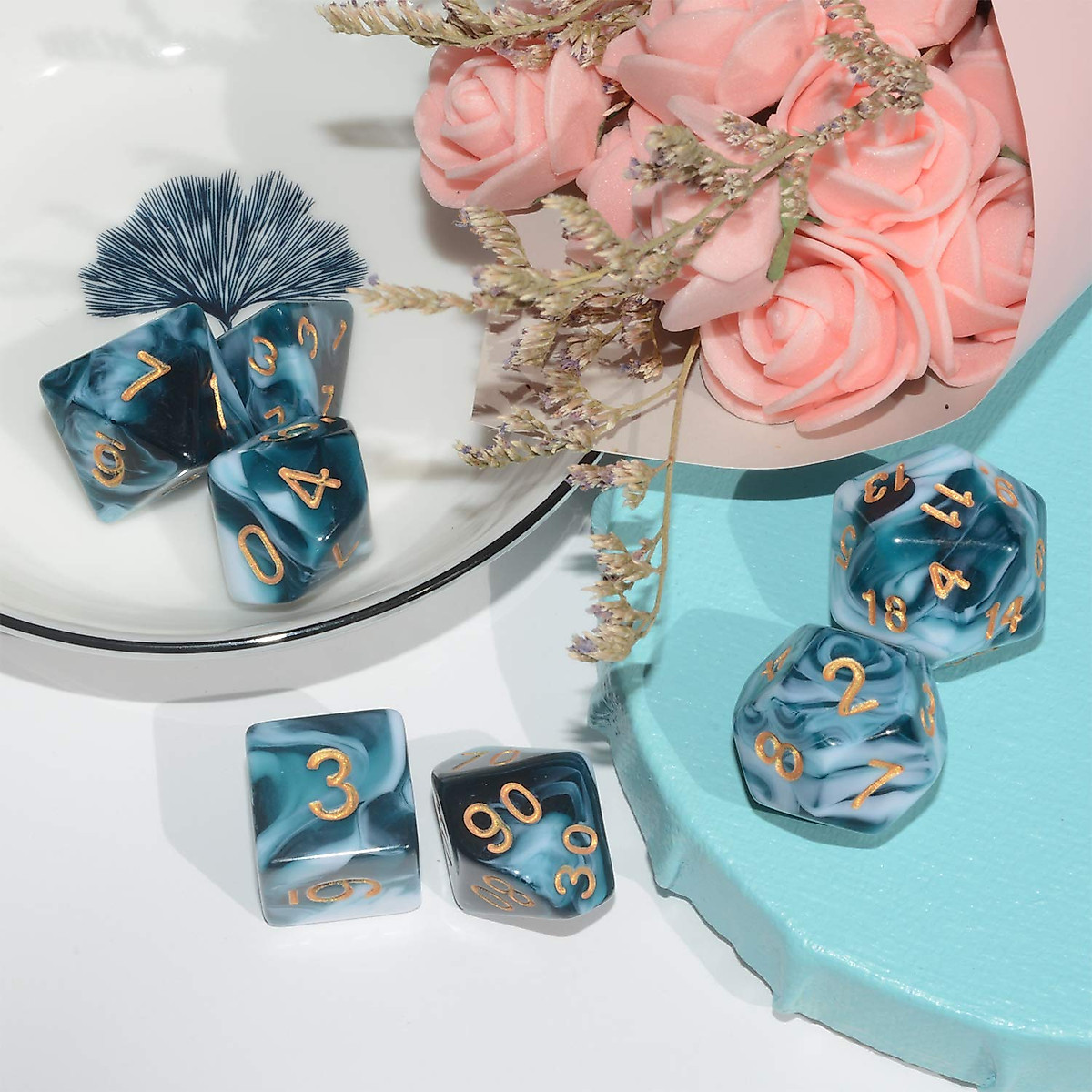 DND Dice 7Pieces, Teal Blue and White Mixed Polyhedral DND Dice for RPG MTG Table Game Dice