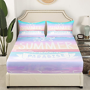 Summer Beach Kids Fitted Sheet Queen Size,Starfish Shell Hawaiian View Bedding Set,Girls Boys Adults Room Decor,Sea Blue Colorful Dreamy Bed Cover,Purple Romantic Bed Sheet,2 Pillowcases