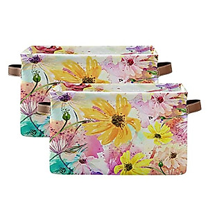 Kigai Colorful Flowers Storage Basket with Handles Collapsible Storage Bins Canvas Fabric Storage Organizer for Shelves Closet Bedroom Living Room 2Pack