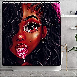 Byitre 4PCS Shower Curtain Set with Rugs,Toilet Lid Cover and U-Shaped Mat,African American Shower Curtains for Bathroom Waterproof Polyester Black Women Bathroom Sets, 71'' x 71''