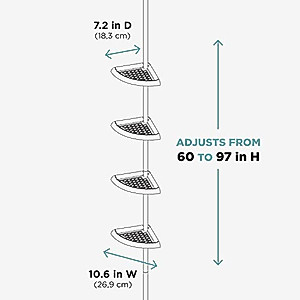 Zenna Home Tension Pole Shower Caddy, 4 Shelves, Adjustable, 60 to 97 Inch, White