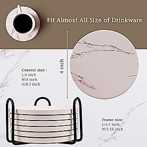 Coasters for Drinks, Absorbent Ceramic Stone Coasters Set with Metal Holder Stand, Cork Base, Marble Surface Pattern, Cups Place Mats for Home Decor, Set of 6 - White
