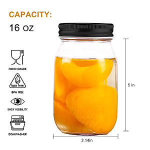 Encheng 16 oz Glass Jars With Black Lids,Wide Mouth Ball Mason Jars For Storage,Canning Jars For Pickles,Herb,Jelly,Jams,Honey,Dishware Safe,Set Of 15