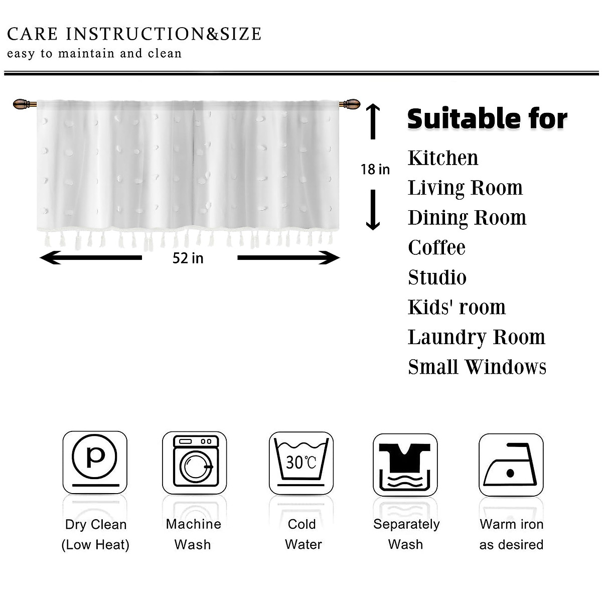 Visioun Boho White Curtain Topper Tassels Valance Window Cafe Treatment Tufted Pleat Floral Puffs Textured Simple Rod Pocket Kitchen Window Drapes for Bathroom Bedroom Living Room 1 Panel (52x18 Inch)