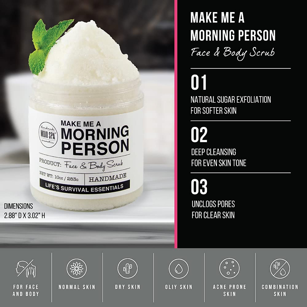 Mojo Spa Make Me a Morning Person Face and Body Scrub for Women and Men, Deep Moisturizing Facial and Full Exfoliating Skincare with Peppermint and Rosemary Scent, Sugar Based Exfoliator, 10 oz.