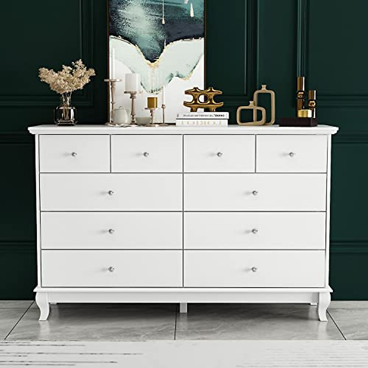 FAMAPY Chest of Drawers 10 Drawer Chest Dresser Wood Dresser, Wooden Legs, Drawer Organization for Bedroom Closet White (55.1”W x 15.7”D x 35.4”H)