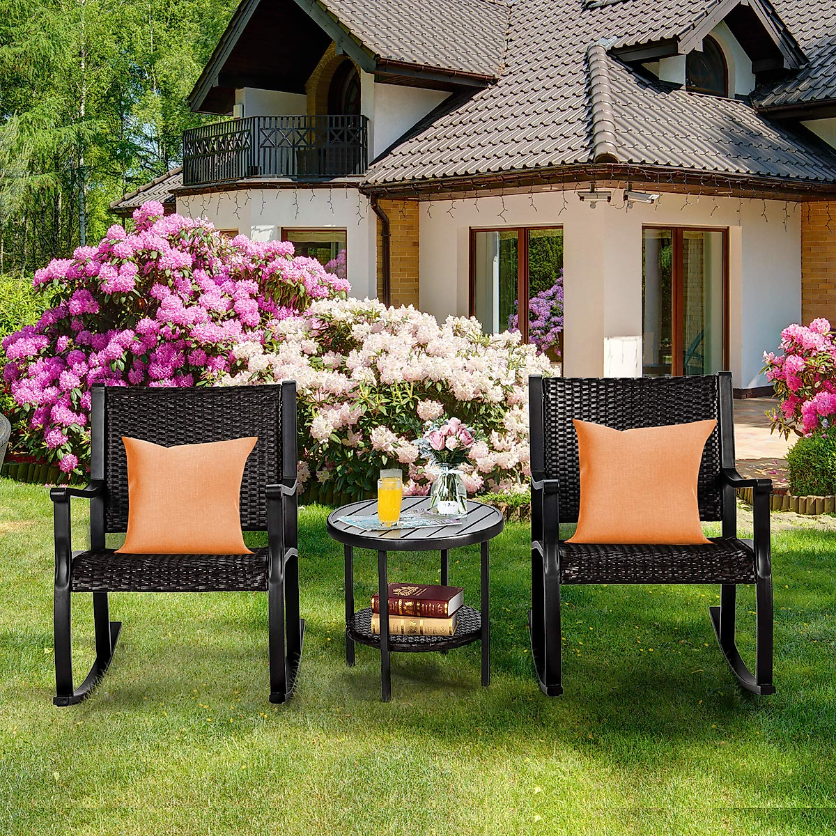 RELAX4LIFE 3-Piece Rocking Bistro Set - PE Wicker Outdoor Rocking Chair Furniture Set w/Side Table and Extra Storage Shelf, Patio Conversation Set for Porch, Balcony Deck