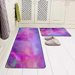 Musesh 2 Pieces Soft Kitchen Rugs,Holographic Background Light Reflection Rainbow Colors Pattern Magical Marbling Iridescent Effect Washable Long Kitchen Mat Set 17"X48"+17"X24" Rugs for Kitchen Floor