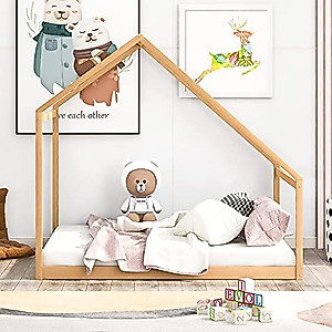 Merax Montessori Bed Wood House Day Bed for Kids Toddlers No Box Spring Needed Natural