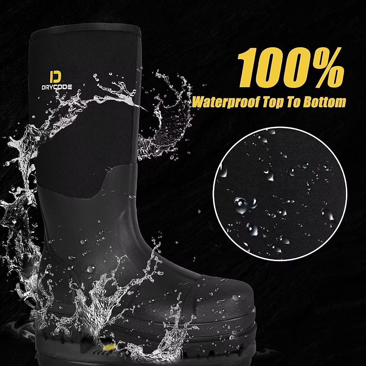 D DRYCODE Work Boots for Men with Steel Shank, Waterproof Rubber Boots 7mm Neoprene Insulated Anti-slip Mud Rain Boots, Black, Size 5-14
