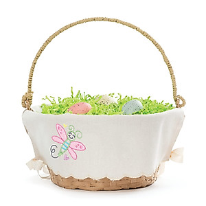 Dragonfly Personalized Easter Egg Basket with Handle and Custom Name | Scallop Edge Linen Easter Basket Liners | Tan Basket | Woven Easter Baskets for Kids | Customized Easter Basket