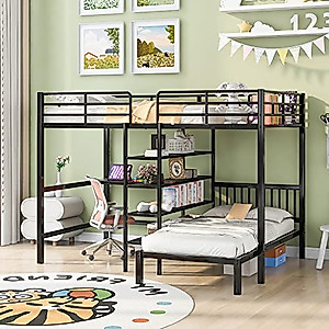 BOVZA Full Over Twin Metal Bunk Bed with Built-in Desk, Storage Shelves and Ladder, L Shaped Loft Bed Frame for Kids, Teens, Girls, Boys, Black