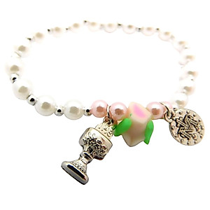 First Communion Rosary Bracelet Rose Stretch Wrist Fashion for Girls with Holy Prayer Card and Bag Gift Set