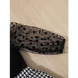 WDIRARA Toddler Girl's 2 Piece Outfits Polka Dots Mesh Top and Houndstooth Print Skirt Set Black and White 6-9M