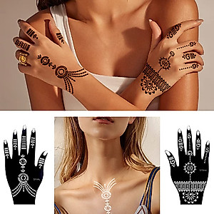 20 Sheets Large Henna Tattoo Stencils, Temporary Tattoo Templates for Hand Forearm Indian Arabian Glitter Airbrush Tattoo Stickers for Girls Woman