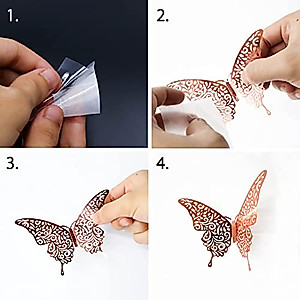 WALPLUS 52 Pcs Rose Gold Realistic 3D Butterfly Wall Decals Removable DIY Home Birthday Cakes Wedding Decorations Art Decor Wall Stickers Murals Nursery Baby Bedroom TV Background Living Room