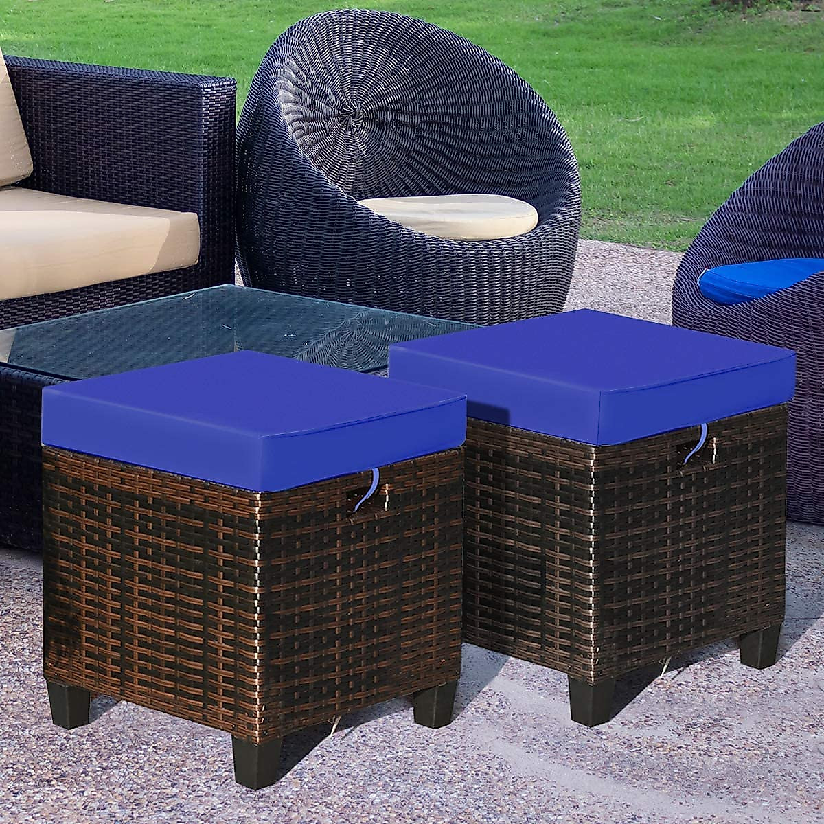 Giantex 2-Piece Rattan Patio Ottoman, All Weather Wicker Ottoman w/Removable Cushion & Steel Frame, Outdoor Footstool Footrest Furniture (Navy Blue)