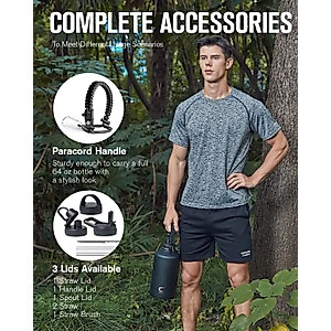 Coolplus Gallon Water Bottle Insulated with Paracord Handle & 3 Lids, 128 oz Insulated Water Jug Large Metal Stainless Steel Leakproof Falsk Cold 48H Hot 24H for Outdoor