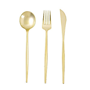 Efavormart 24 Pack | Gold Sleek Modern Flatware Set, Premium Plastic Silverware Cutlery Set - 8"