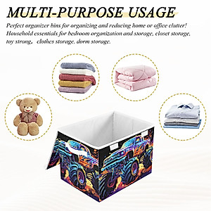 Vnurnrn Neon Monster Truck Storage Cube with Lid Collapsible, Large Capacity Foldable Storage Basket Bin Organizer 16.5×12.6×11.8 IN