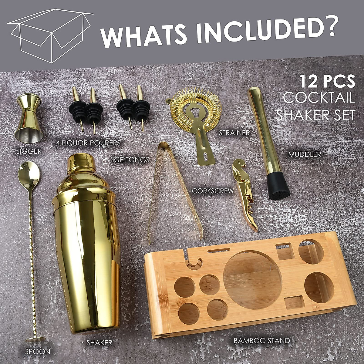 Esmula 12 Piece Bartender Kit with Bamboo Stand, 25oz Cocktail Shaker Set for Mixed Drink, Professional Bar Tool Set with Cocktail Recipes Booklet, Gift for Man Dad Friend (Gold)