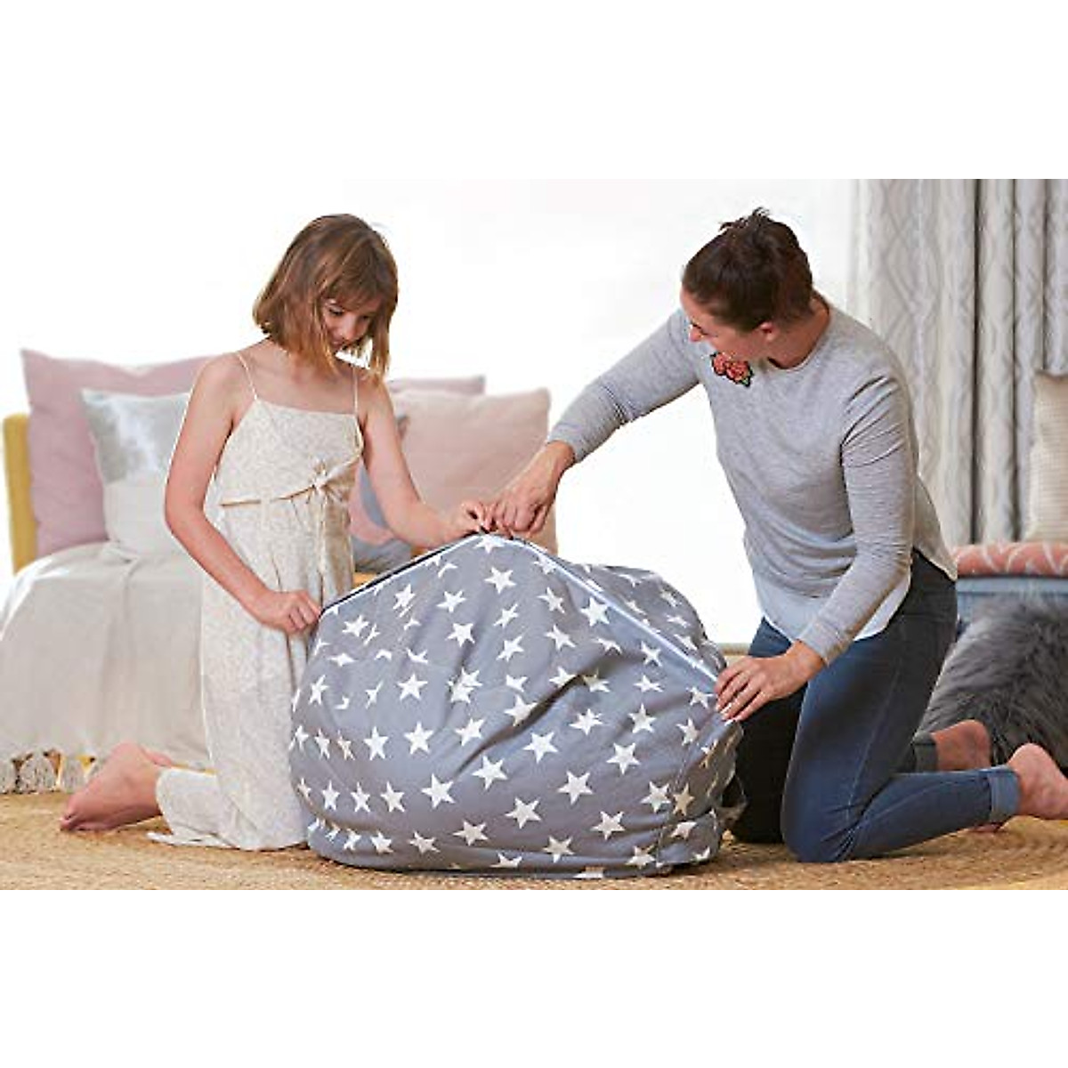 Aubliss Stuffed Animal Bean Bag Storage Chair, Beanbag Covers Only for Organizing Plush Toys, Turns into Bean Bag Seat for Kids When Filled, Large 38"-Canvas Stars Grey