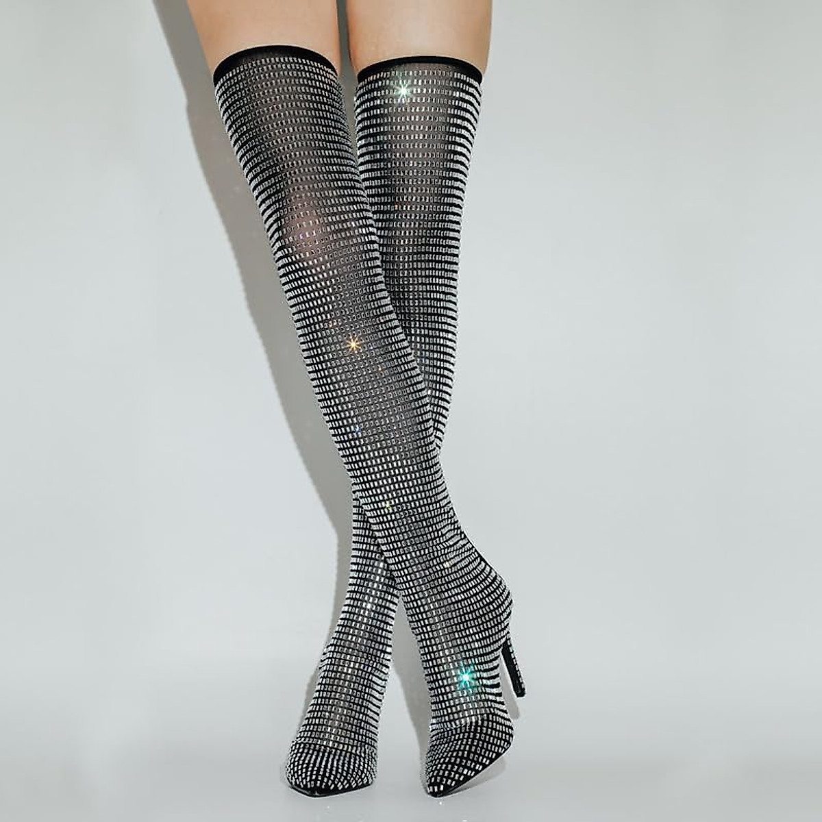 sexytag Women's RhinestoneThing High Boots Sparkly Diamante Pointed Toe Back Zipper Stiletto Heels Stretch Stocking Glitter Sexy Over The Knee Mesh Socks Boots Black Size 7.5