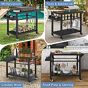 Xilingol Outdoor Grill Cart Pizza Oven Stand, BBQ Prep Table with Wheels & Seasoning Tray, Black Kitchen Tabletop Griddle Cooking Island & Station for Bar, Patio, Camping, Outside, Home