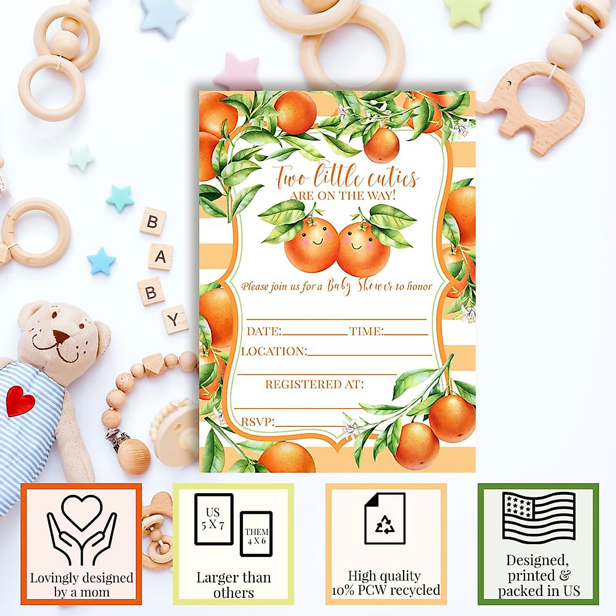 Amanda Creation Two Little Cuties Twin Baby Shower Invitations, 20 5x7 Fill-In Cards with Twenty White Envelopes