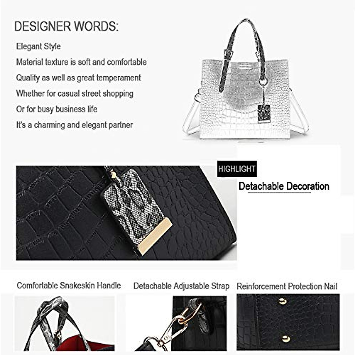 Women Fashion Crocodile Pattern Handbag Snakeskin Top Handle Tote Purse Shoulder Crossbody Bag, Black
