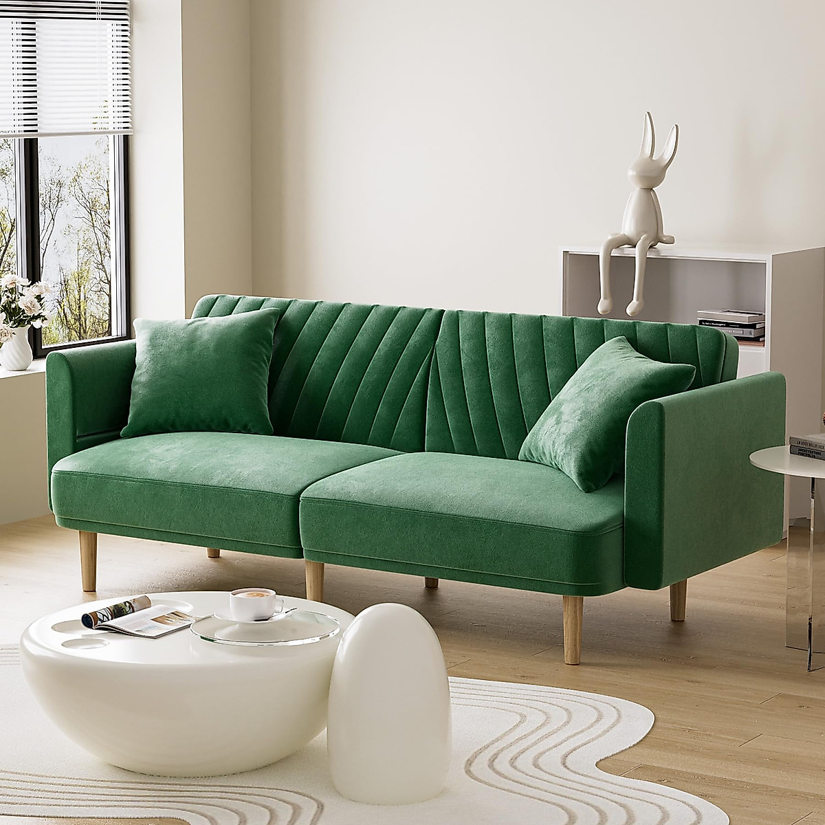 OUYESSIR Velvet Futon Sofa Bed, 75.3" Couch Small Sofa, Loveseat, Convertible Futon Sleeper Sofa with Folding Armrests, Modern Couch for Bedroom, Living Room, Emerald Green