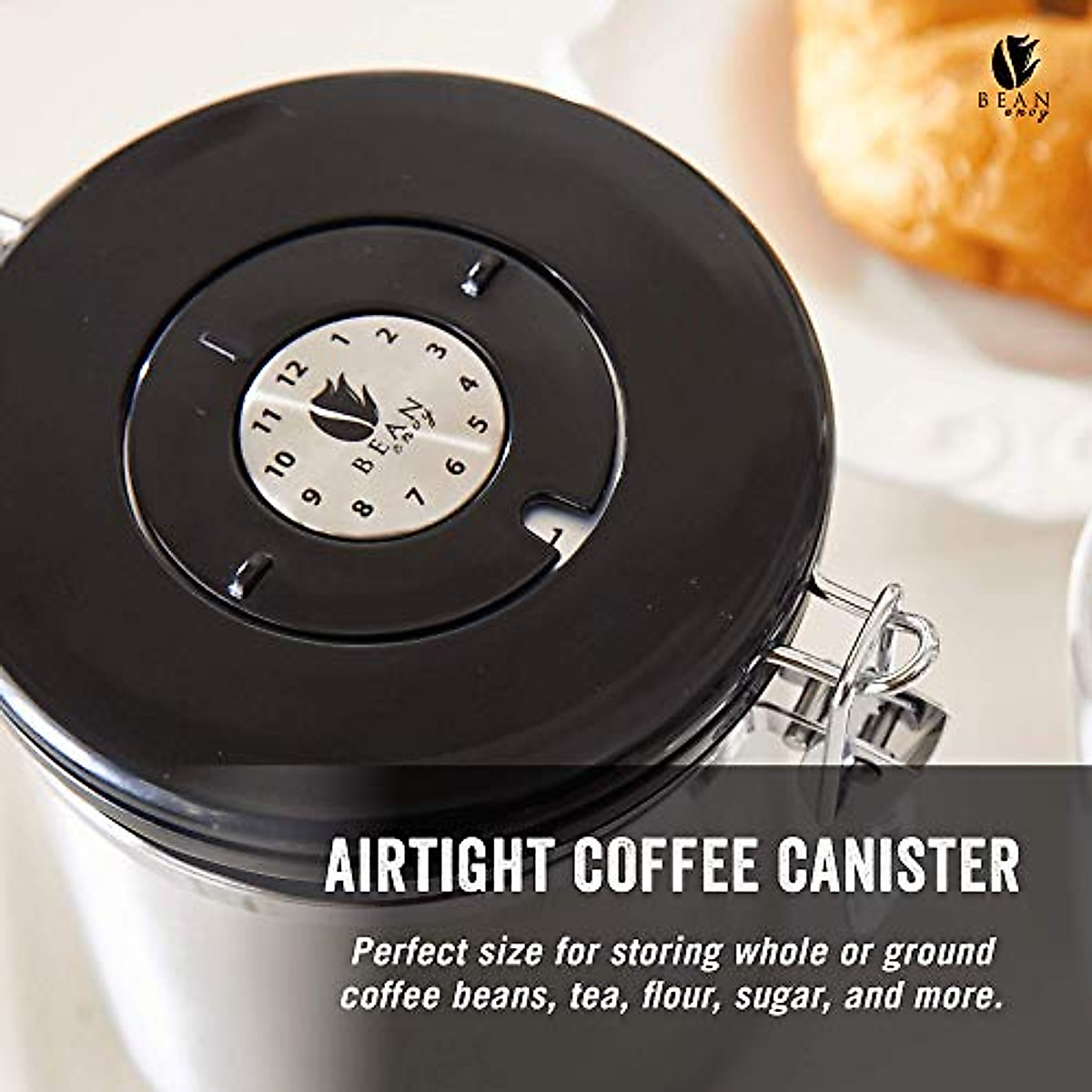 Bean Envy Coffee Canister - 22.5 oz Coffee Storage Container and Organizer w/Stainless Steel Scoop, Date Tracker & Co2-Release Valve - Essential Coffee Accessories, Steel